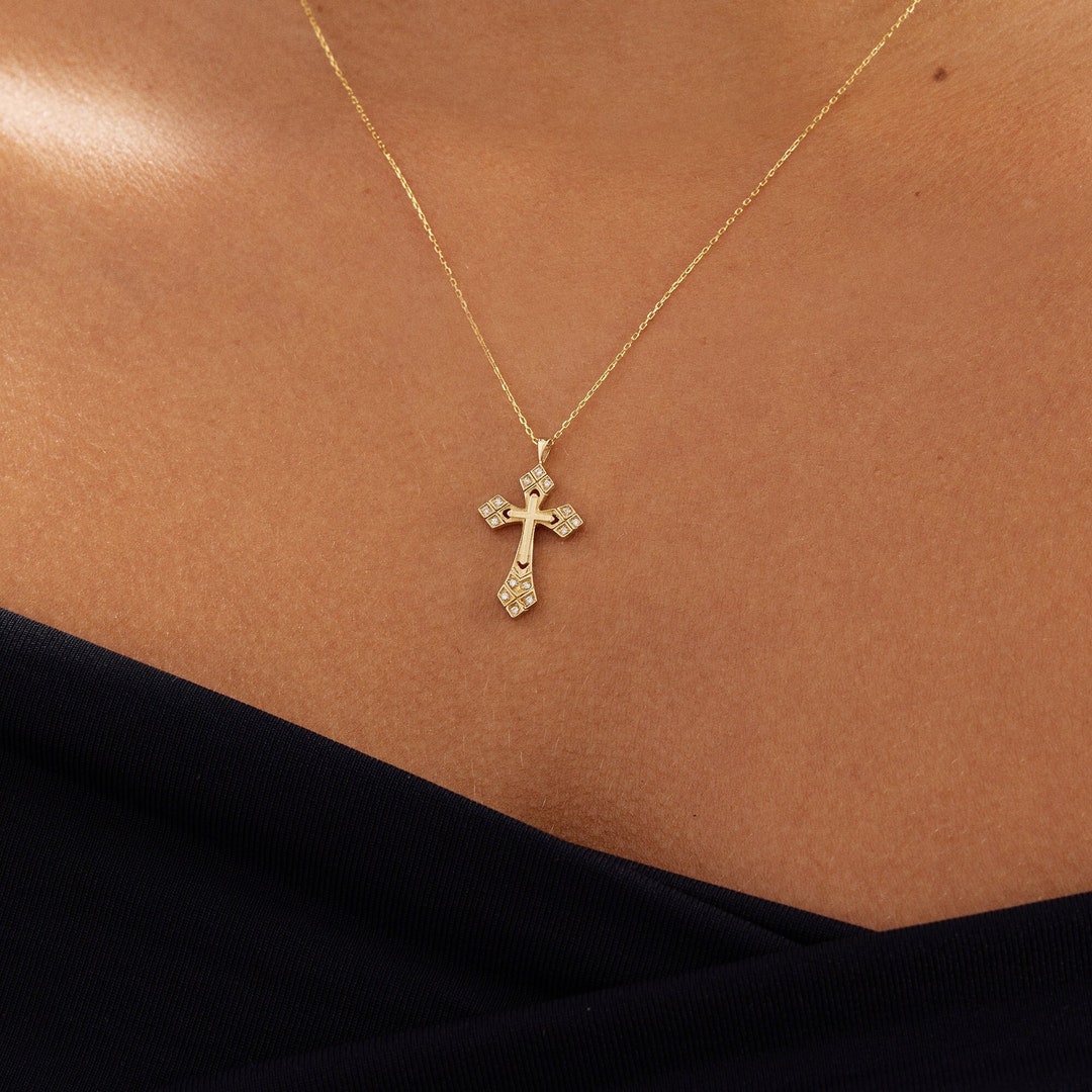 Diamond Gothic Cross Necklace 14K/10K Solid Gold - Etsy