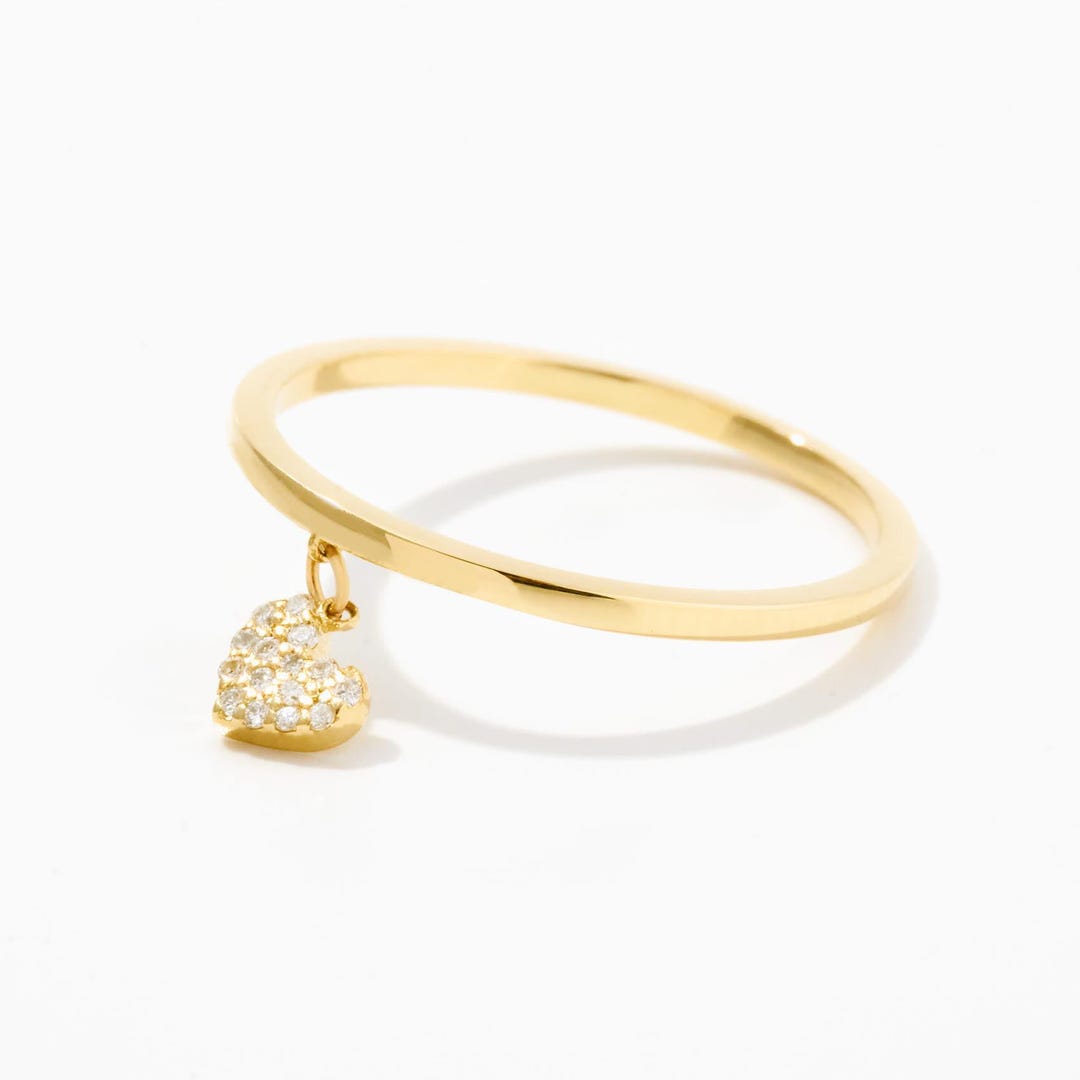 Diamond Heart Ring in 14k Solid Gold / Heart Dangle Ring - Etsy