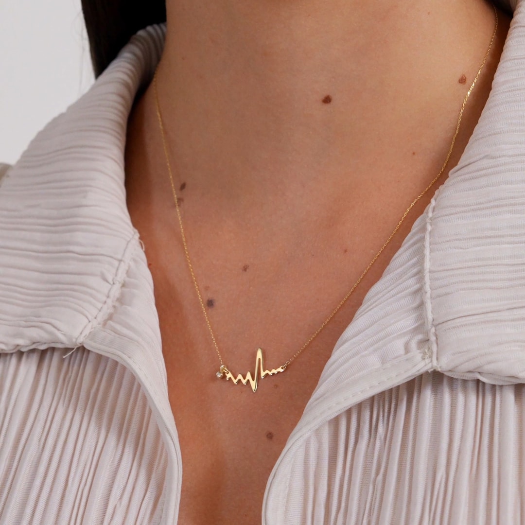14K Solid Gold Heartbeat Necklace | Diamond Heart Pendant | EKG ...