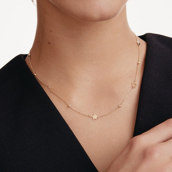 Dainty Star Station Necklace in 14K Solid Gold Gold Ball Bead Chain Necklace for Women 14K Real Gold Celestial Jewelry Gift for Her Etsy