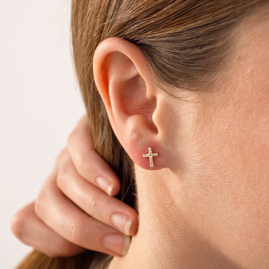 14K Solid Gold Cross Earrings for Women Diamond 14K Gold - Etsy