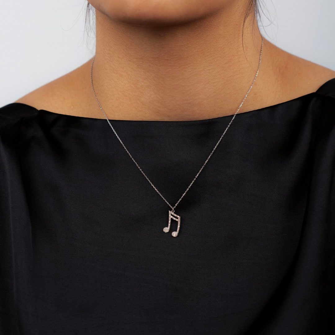 14K Solid Gold Diamond Music Note Necklace Dainty Musical Pendant ...