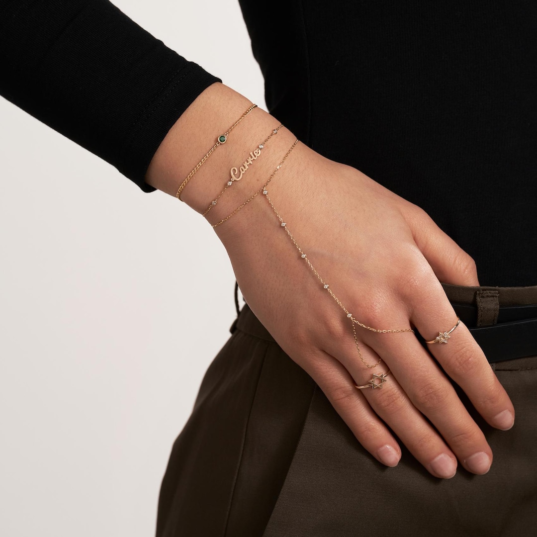 14k Solid Gold Diamond Hand Chain Bracelet: Bezel-set Station Bracelet ...