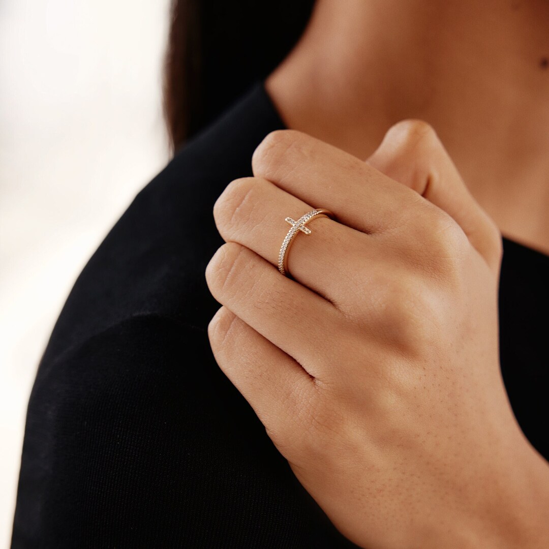 14K Solid Gold Diamond Cross Ring for Women Dainty Cross Ring Diamond ...