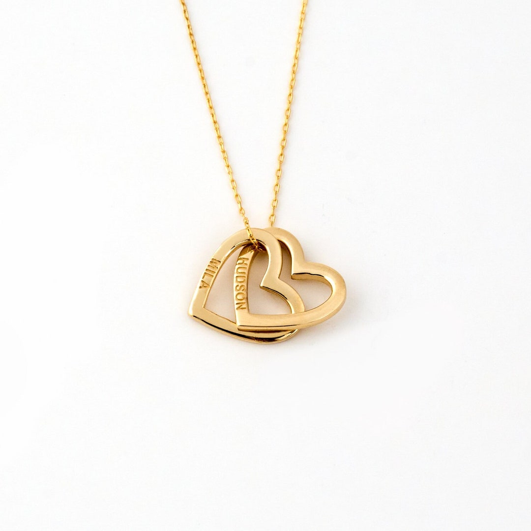 Engraved Two Heart Necklace in 14K Solid Gold Interlocking Heart Name ...