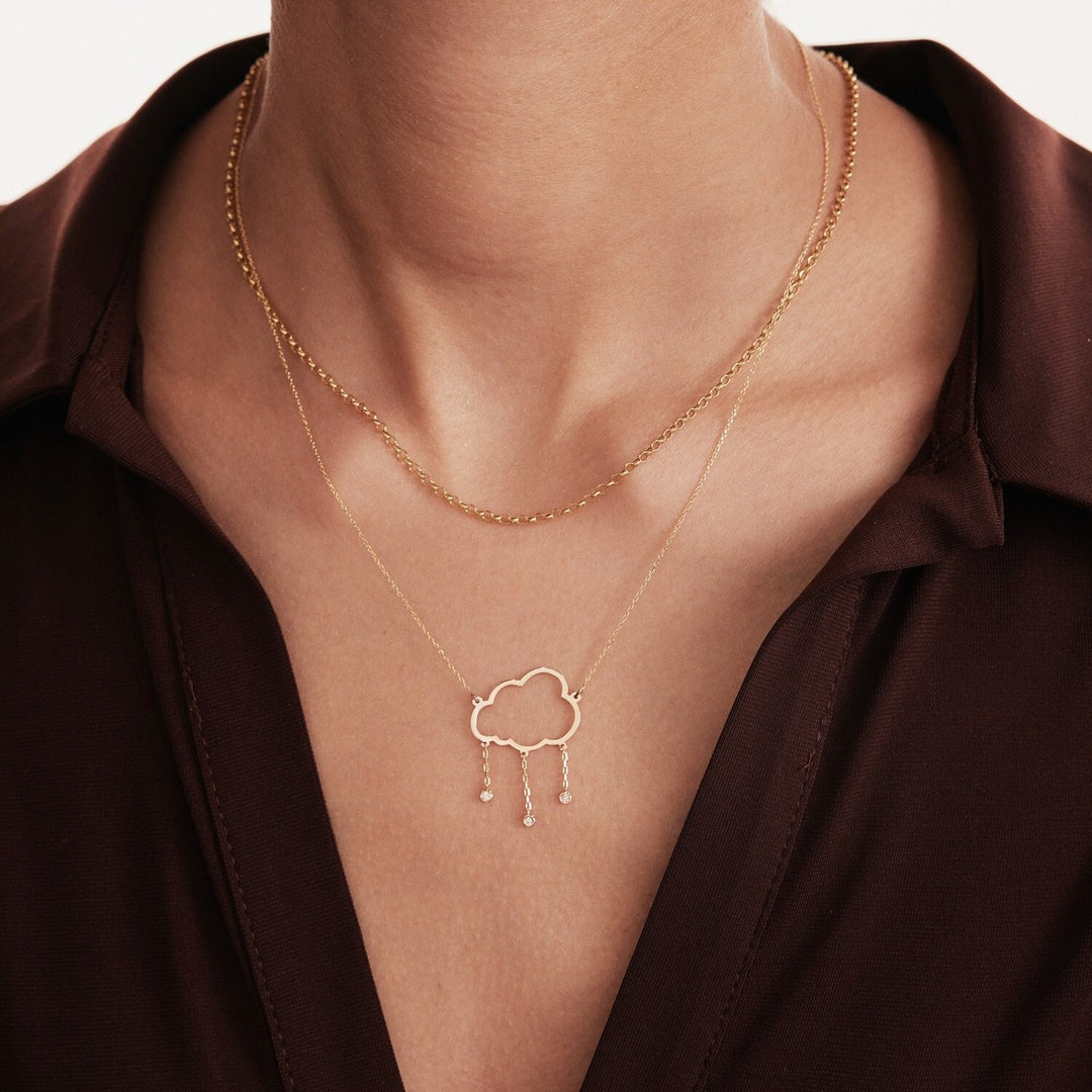 Diamond Rain Cloud Necklace in 14K Solid Gold Dainty Diamond Necklaces for Women Cloud Necklace ...