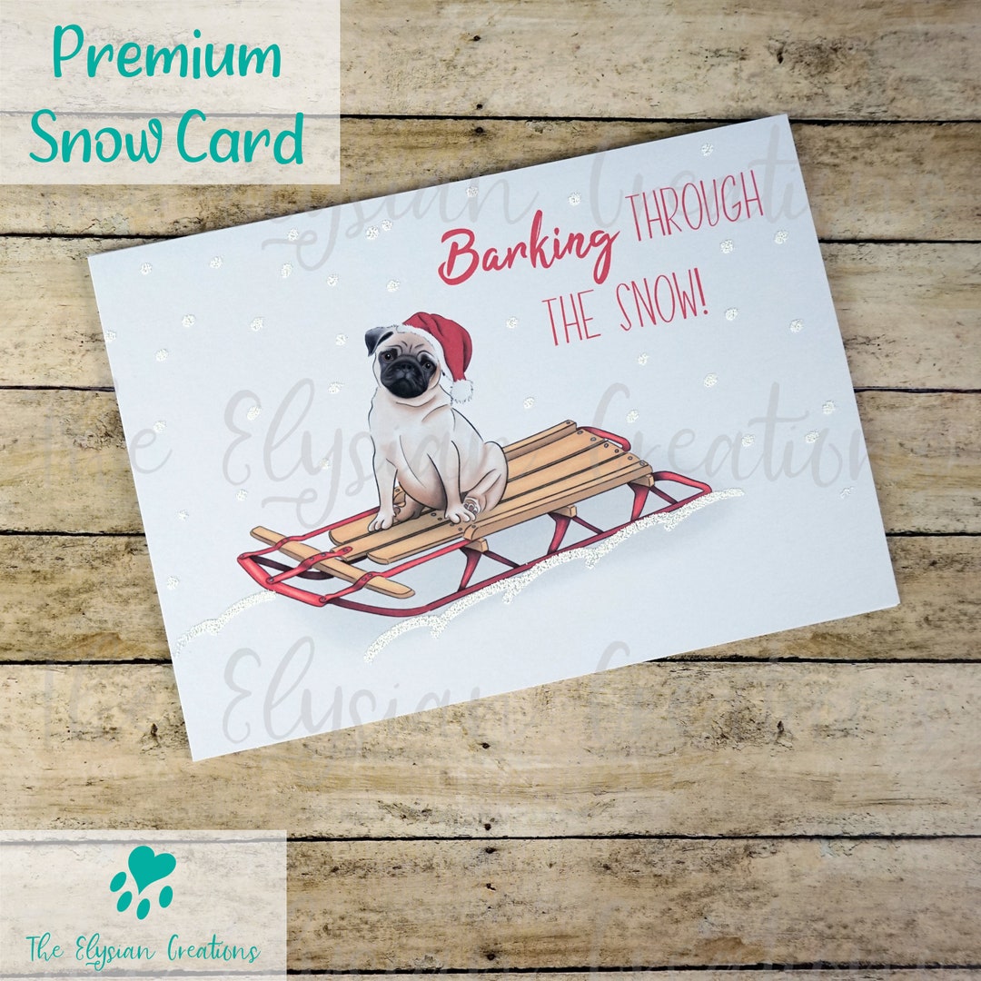Pug Sled Christmas Card, Hand Made Christmas Card, Snow Card, Holiday ...