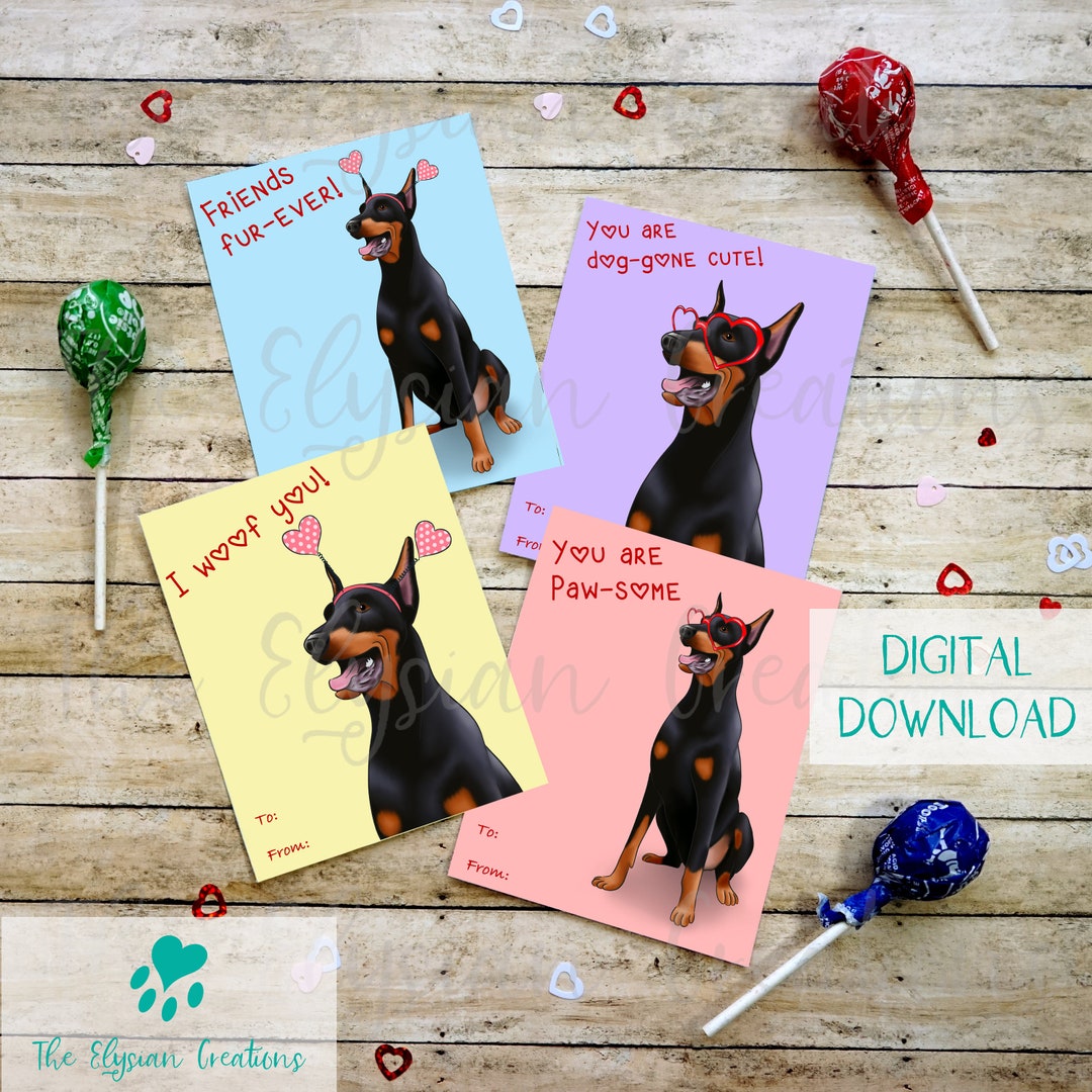 Doberman Pincher Kids Valentines, Instant Download, Dog Valentine ...