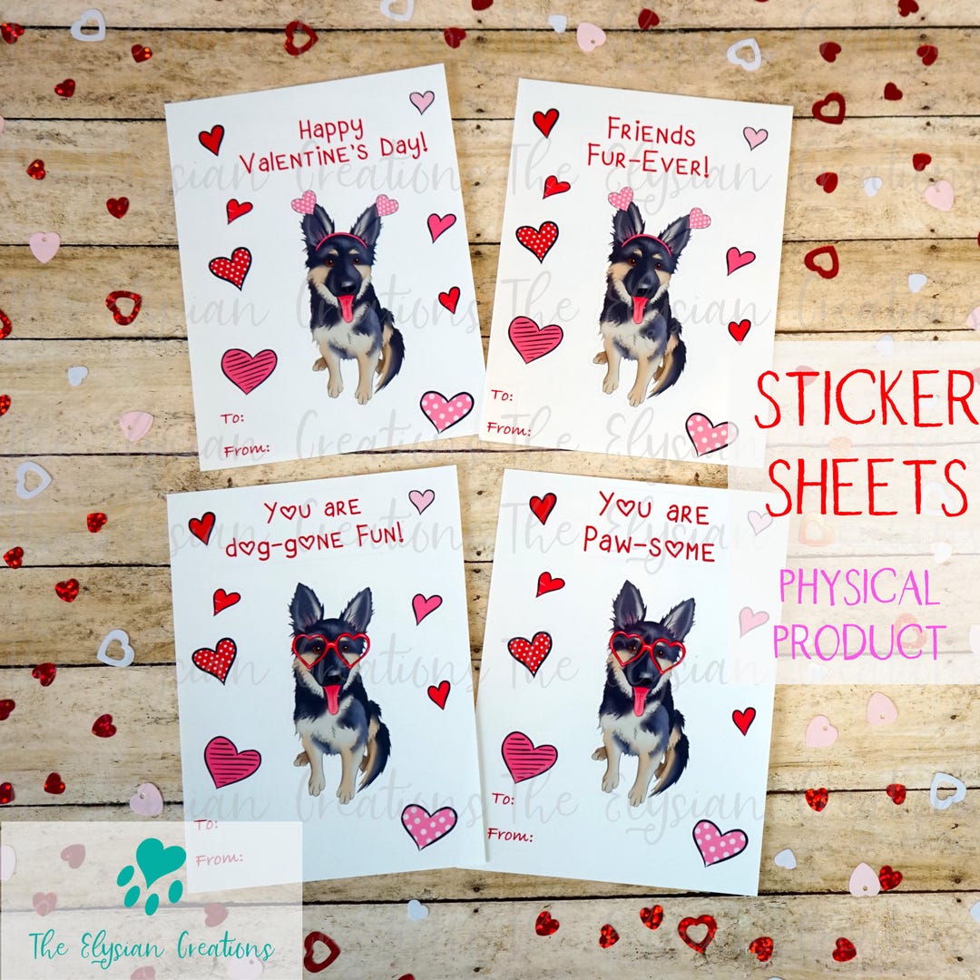 German Shepherd Kids Valentine Sticker Sheets, Dog Valentine, Class ...