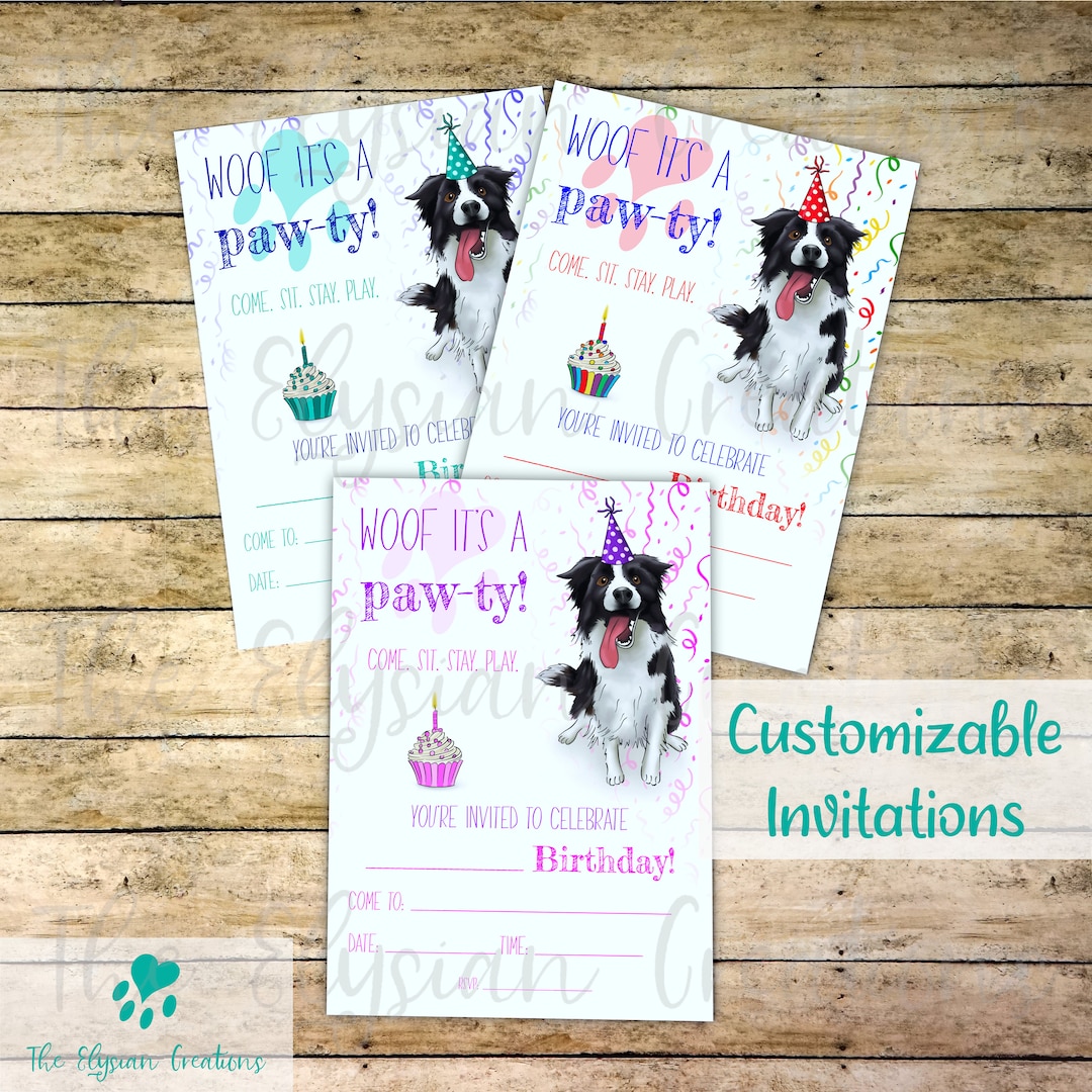 Border Collie Kids Birthday Party Invitations Set of 10 or 20, Party ...