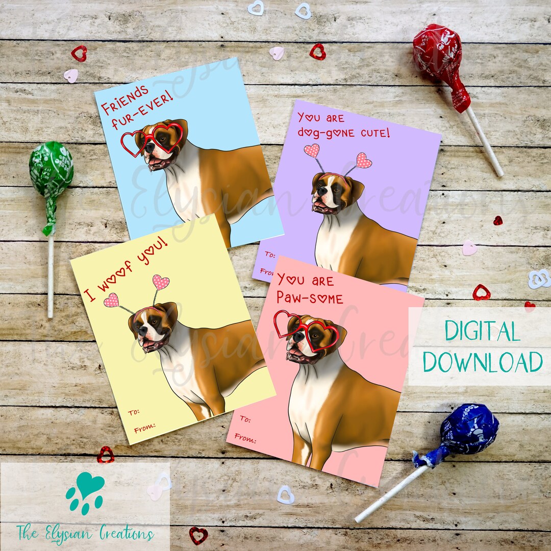Boxer Kids Valentines, Instant Download, Printable, Dog Valentine ...
