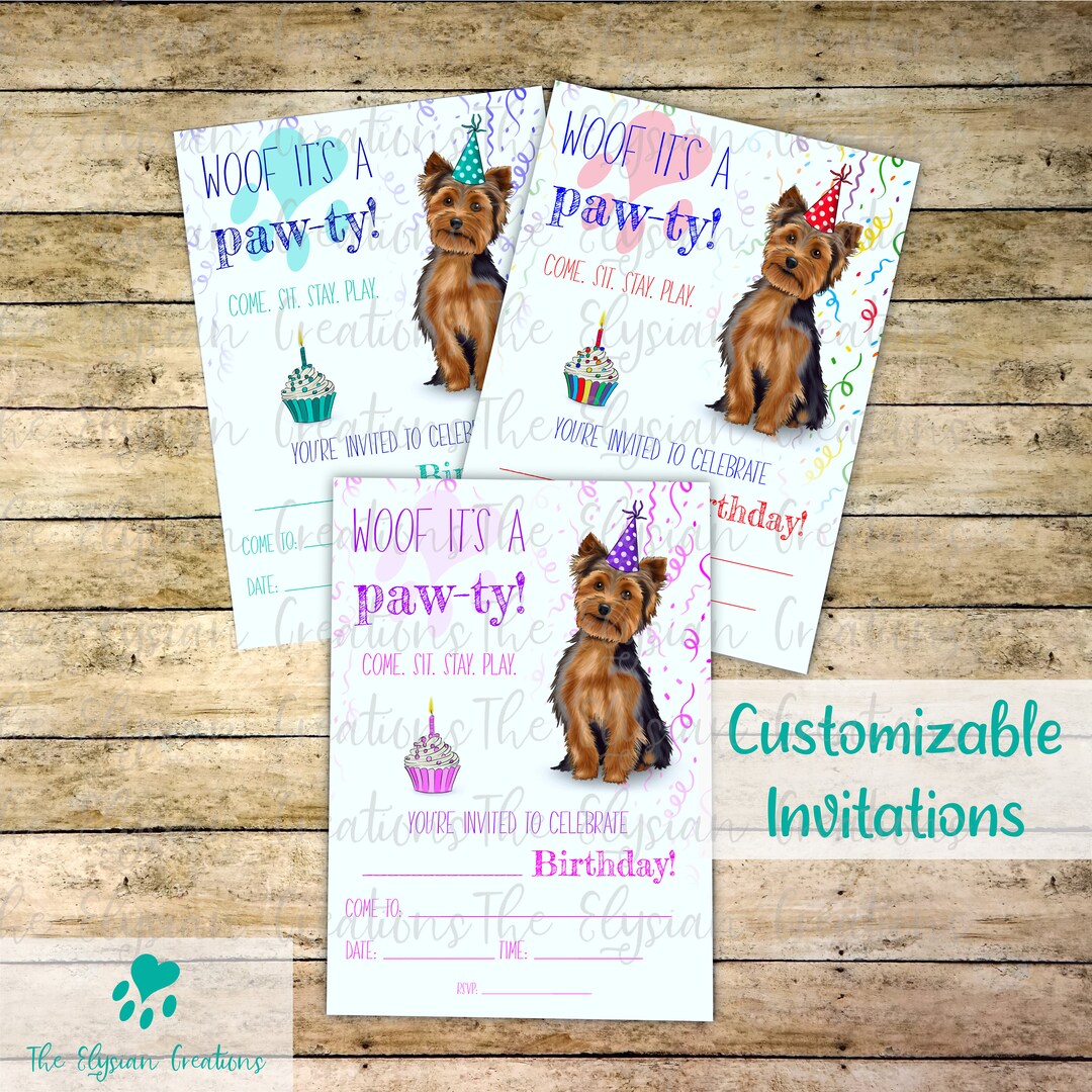 Yorkie Kids Birthday Party Invitations - Yorkshire Terrier Personalized ...