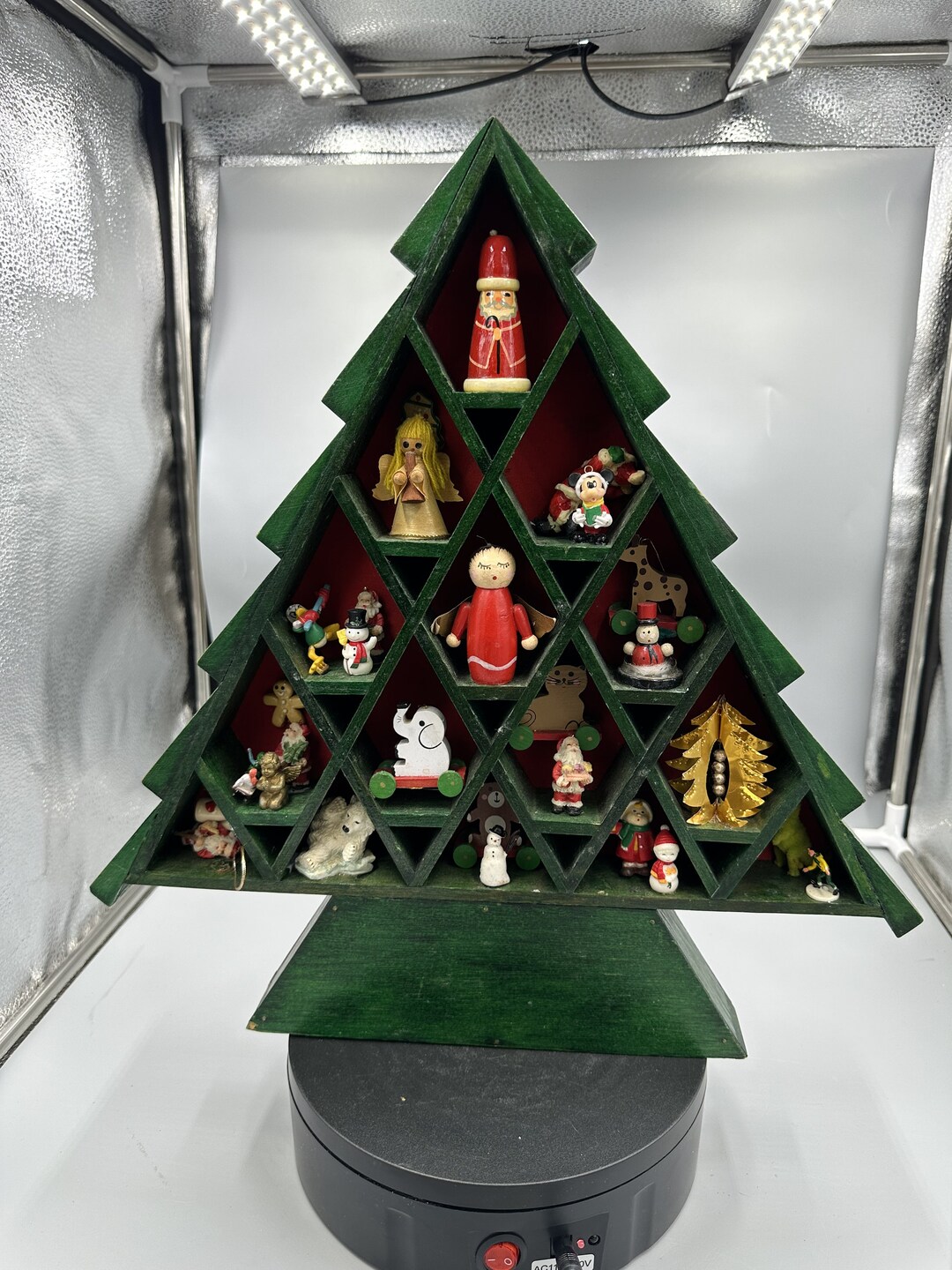 Wooden Christmas Tree Shadow Box With Vintage German Ornaments has Wall ...