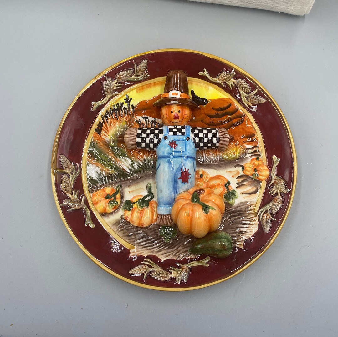 Ganz Majolica Scarecrow in Cornfield Plate (hook is in Back to Hang It With) - Etsy
