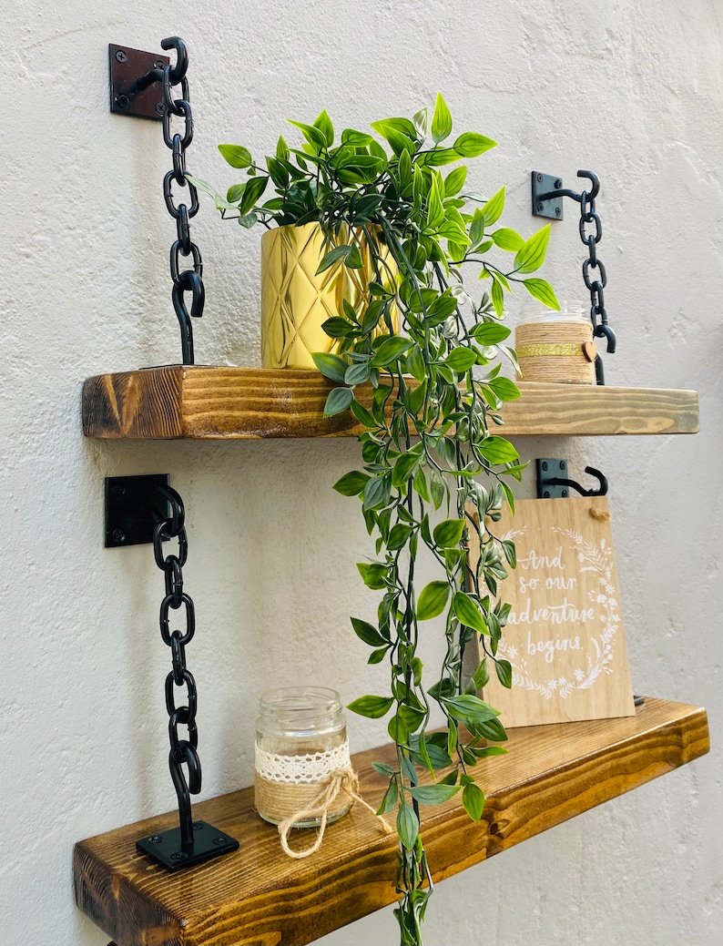 Rustic bespoke floating shelves with chain brackets industrial | Etsy