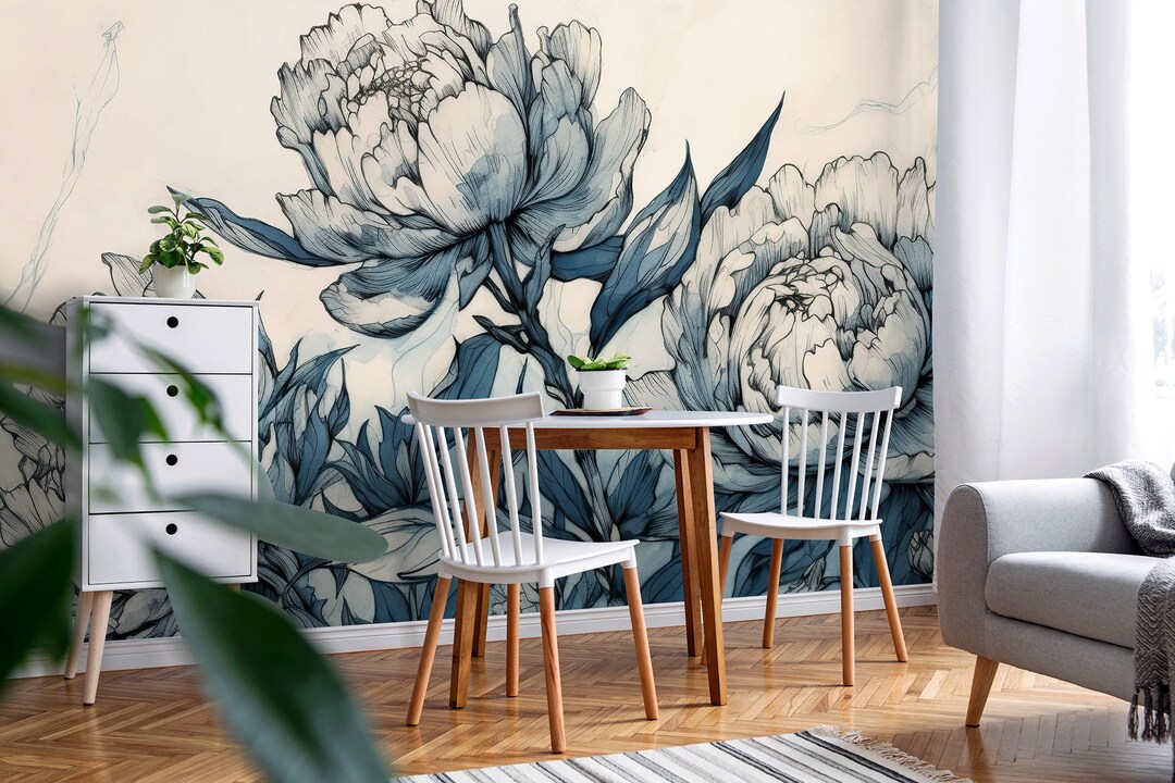 Retro Peony Flower Wallpaper, Botanical Wall Mural, Big Flowers Print ...