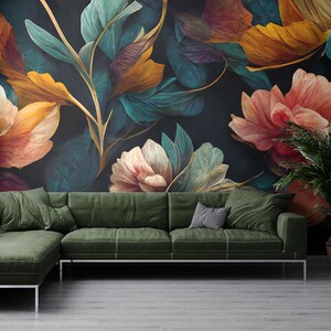 Dark Dramatic Floral Mural, Wall Mural, Garden Wallpaper [peel and ...