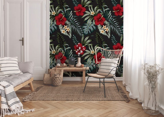 Red Hibiscus Exotic Jungle Wallpaper Self Adhesive | Etsy