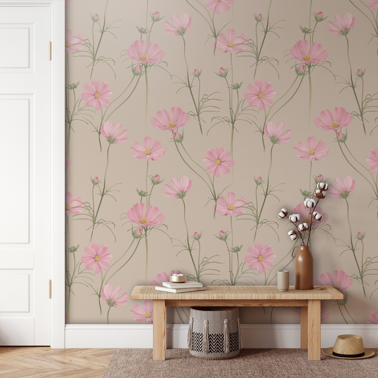 Cosmos Flowers Wallpaper, Summer Watercolor Pattern [peel and Stick ...