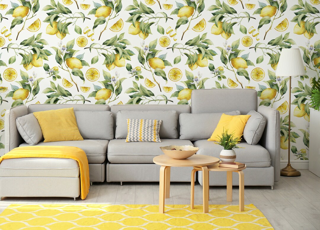 Watercolor Wallpaper With Lemon, Citrus Pattern, Blossom Wall Mural ...