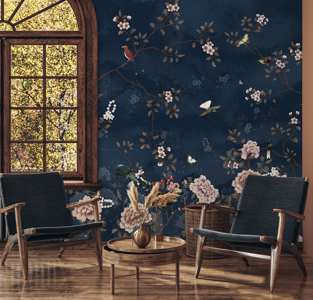Dark Blue Chinoiserie Birds & Floral Branches Wallpaper [peel and Stick ...