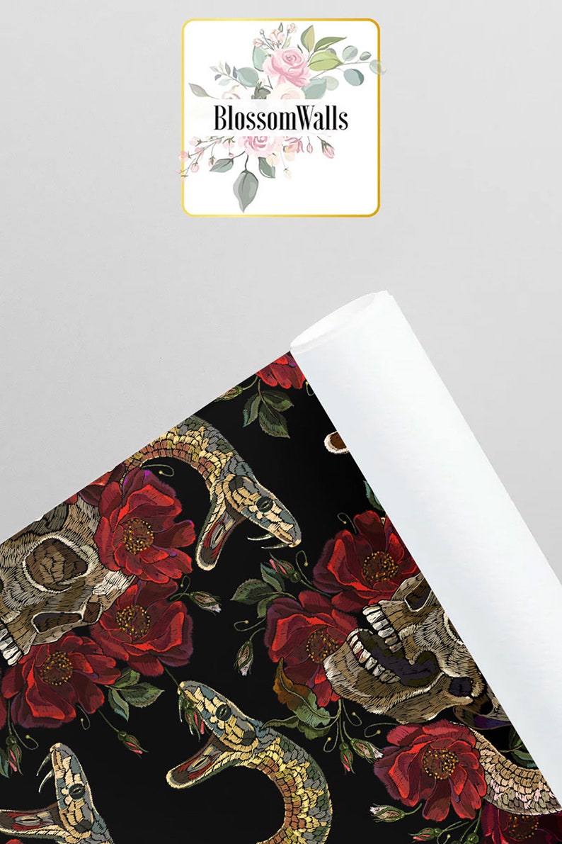 Wallpaper Snake, Skull and Red Roses Flowers | Peel and Stick | Self ...