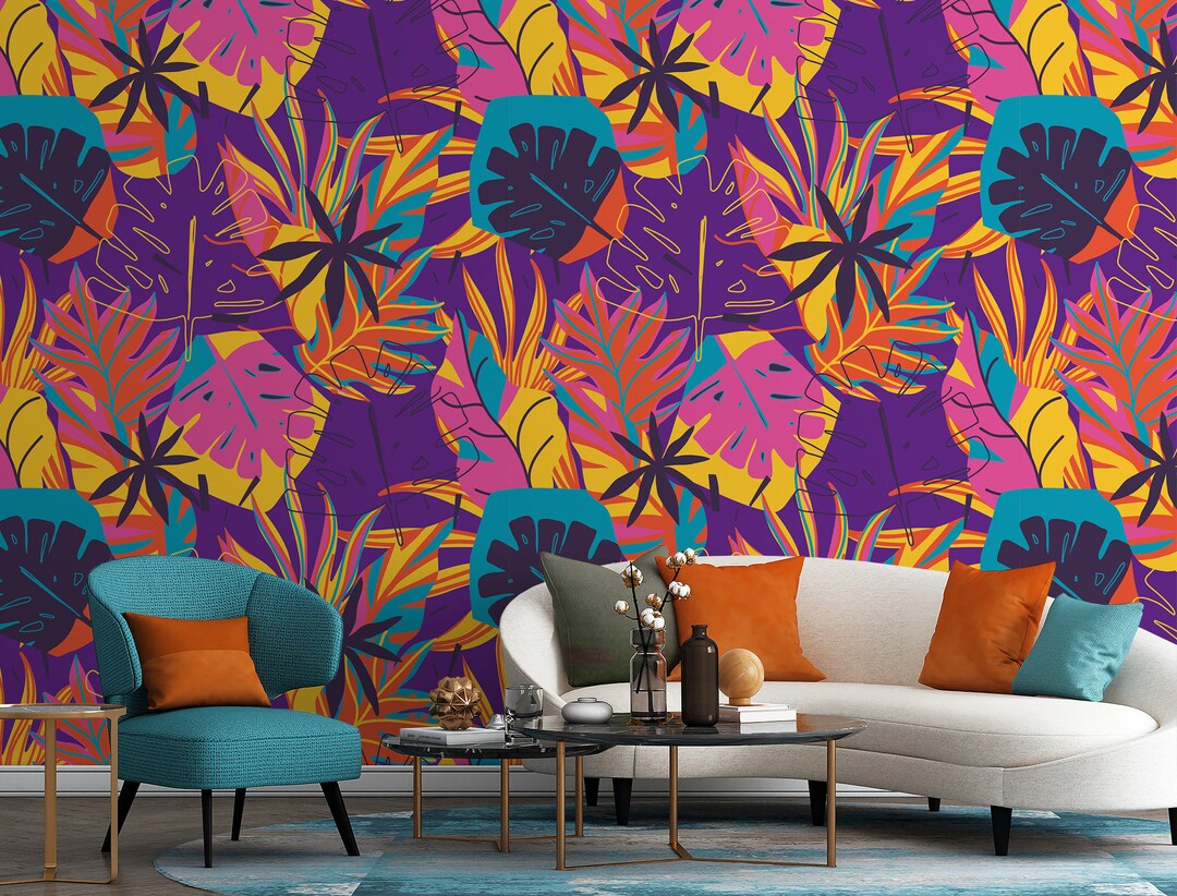 Tropical Leaves Purple Boho Wallpaper, Colorful Exotic Print [peel and ...
