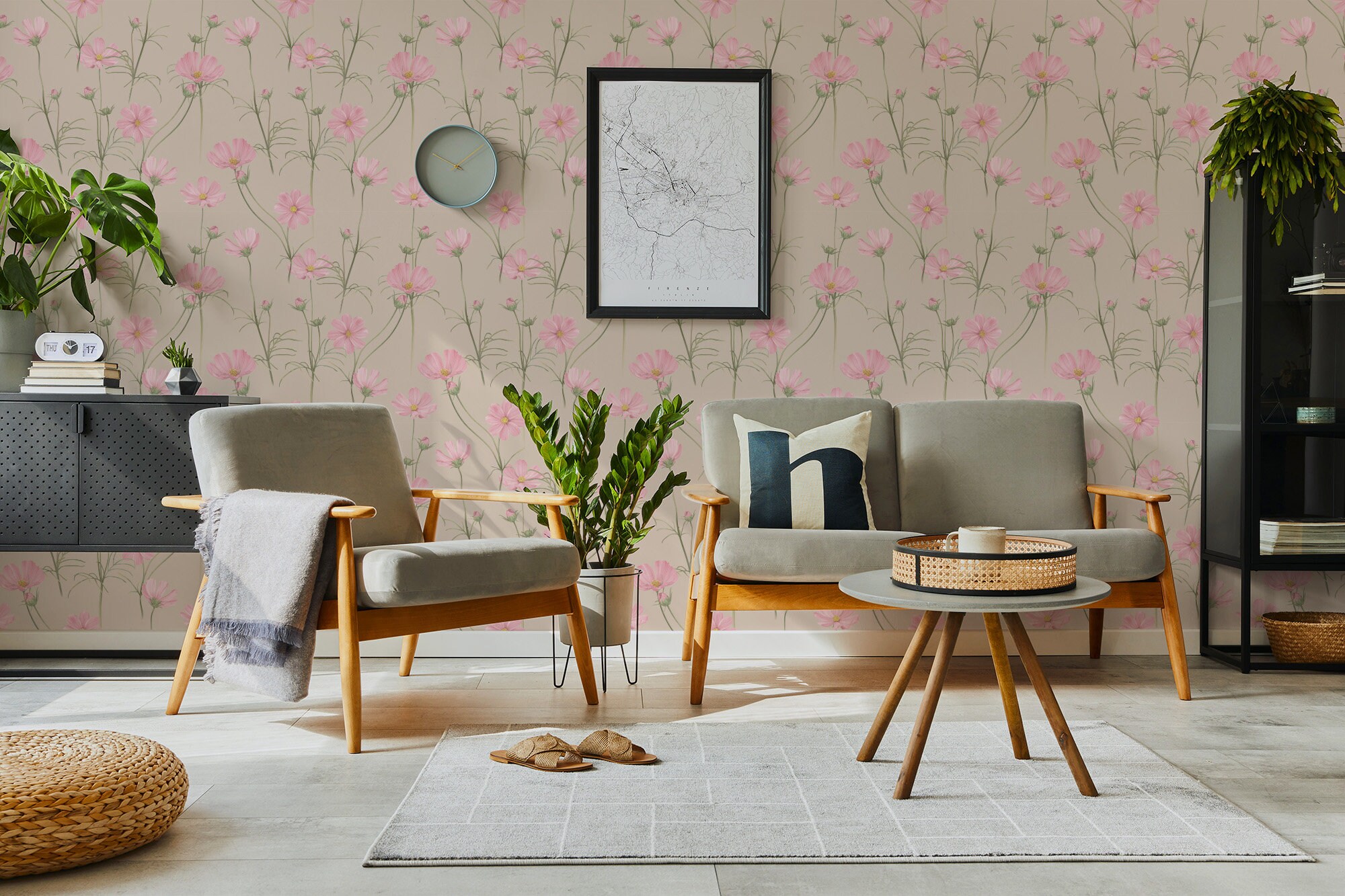 Cosmos Flowers Wallpaper, Summer Watercolor Pattern [peel and Stick ...