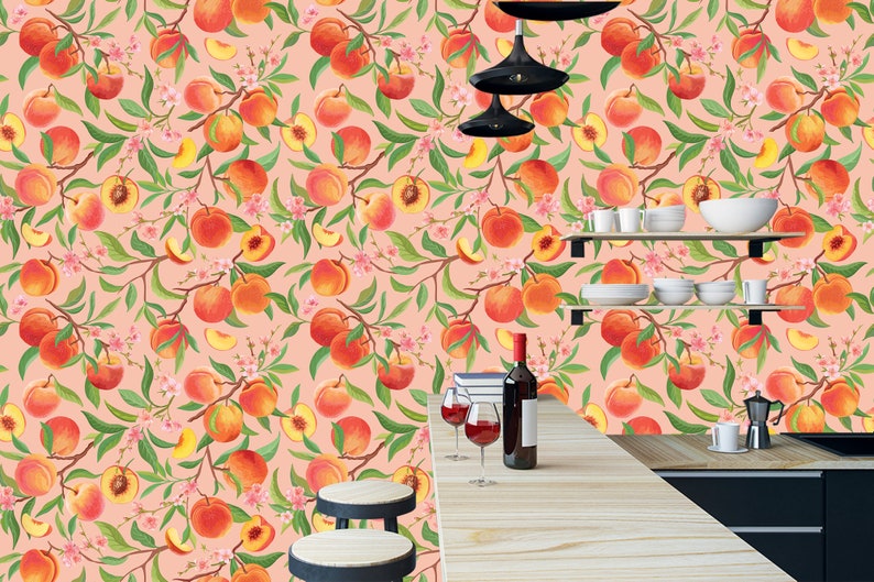 Peach Pattern Wallpaper, Fruit Themed Mural | Peel & Stick | Self ...