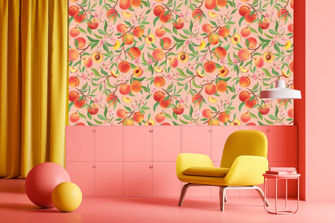 Peach Pattern Wallpaper, Fruit Themed Mural | Peel & Stick | Self ...