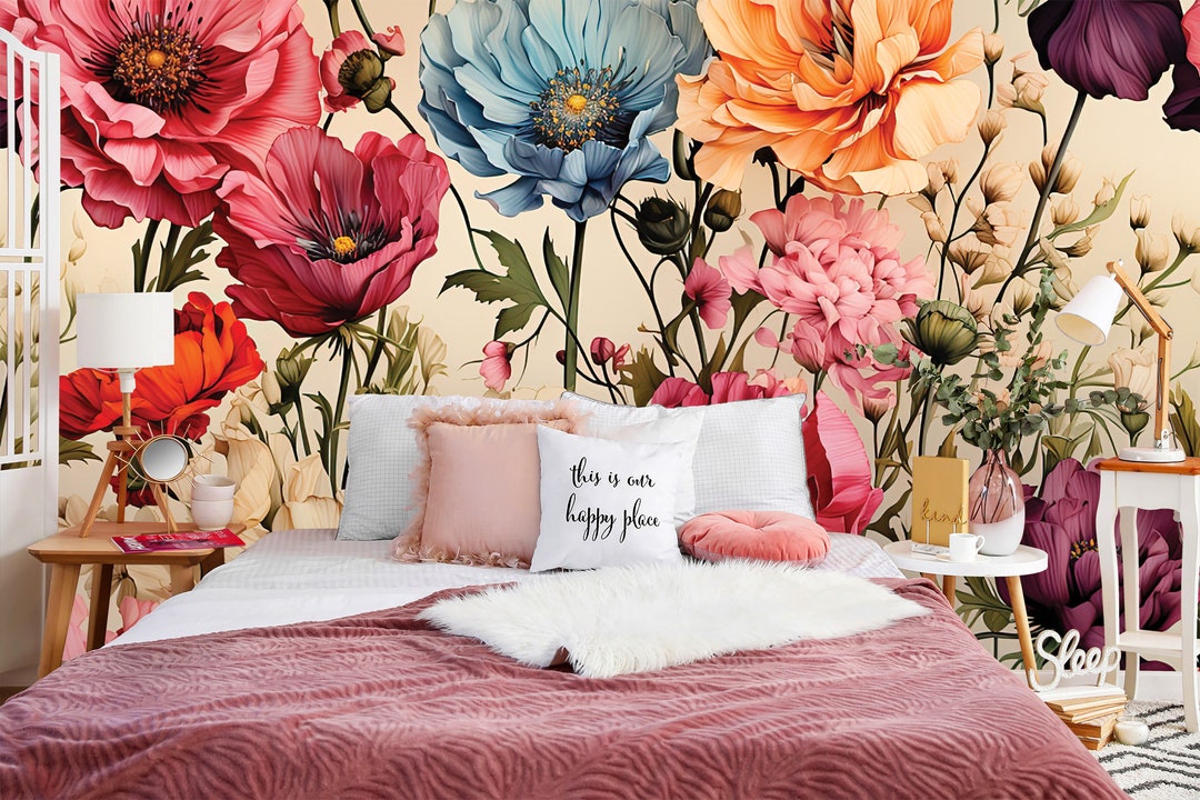 Colorful Floral Wallpaper, Botanical Wall Mural, Big Flowers Print ...