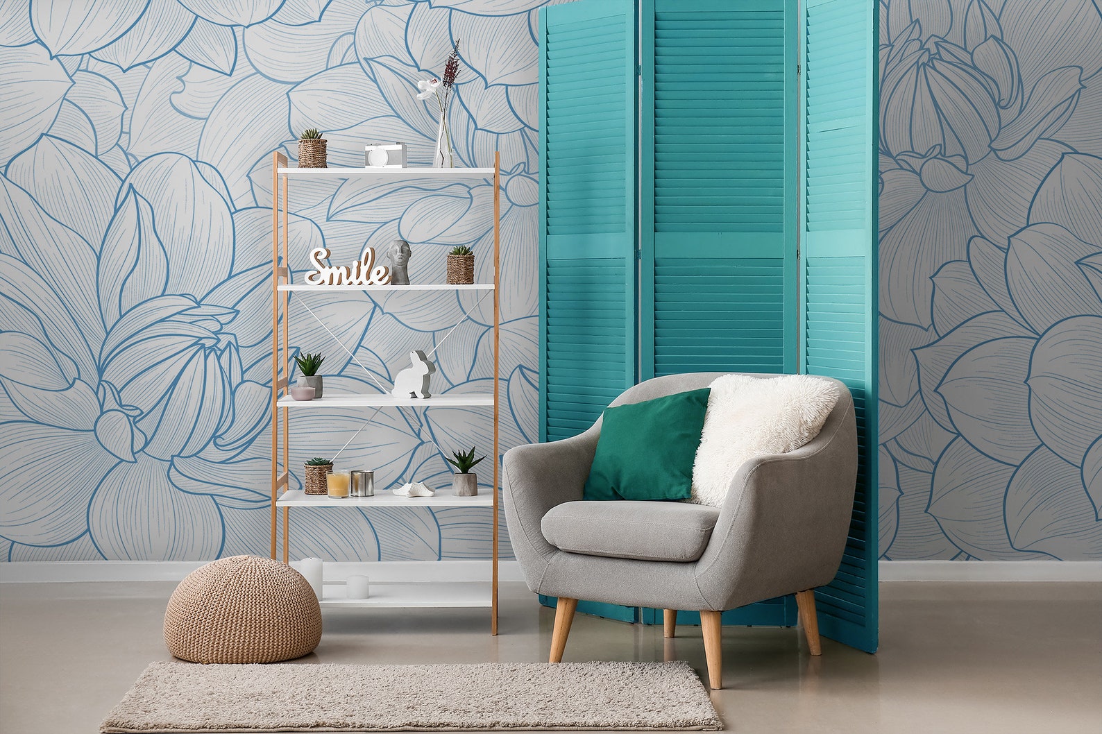 Blue Floral Wall Mural, Line Art Flowers Wallpaper, Blossom Wall Mural ...