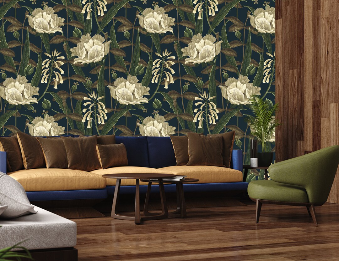 Vintage Old Blue Wallpaper With White Flowers | Peel & Stick | Self ...