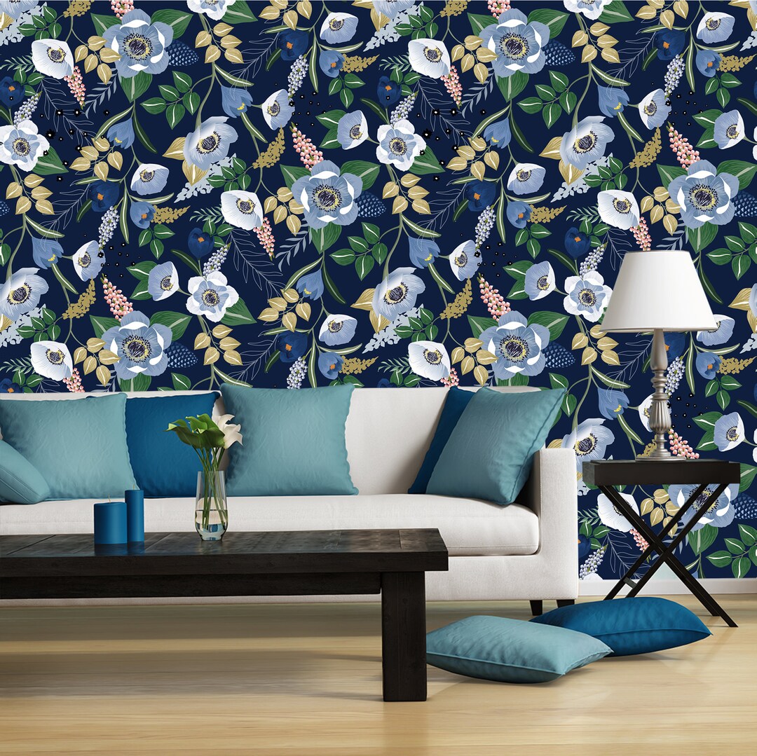 Blue Wallpaper With Floral Pattern | Peel & Stick | Self Adhesive ...