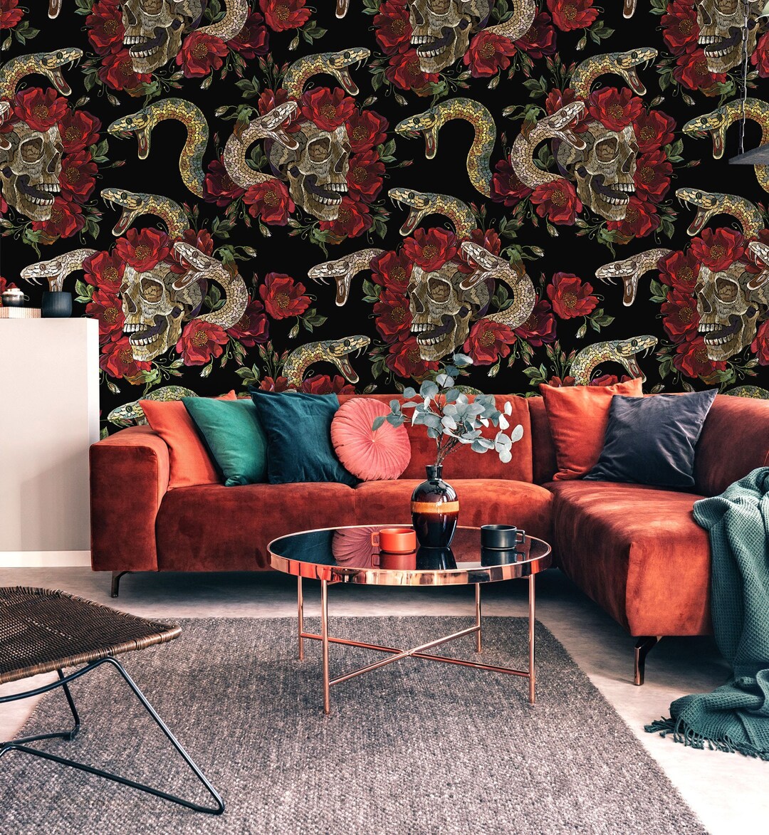 Wallpaper Snake, Skull and Red Roses Flowers | Peel and Stick | Self ...