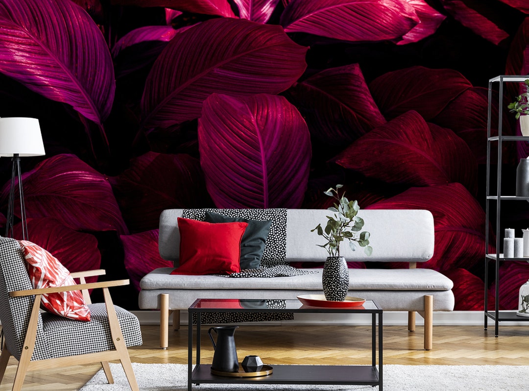 Red and Pink Wallpaper, Leaves Photo Wall Mural, Vintage Home Decor ...