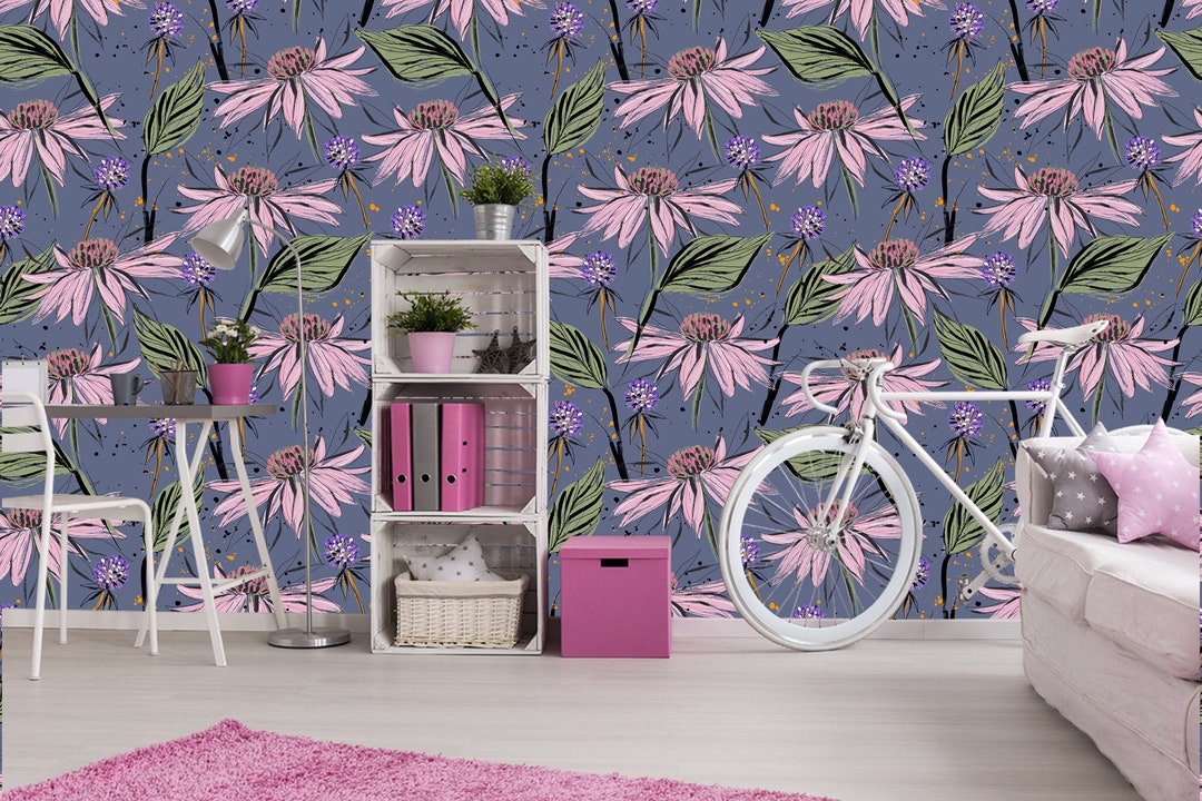 Violet Wallpaper With Pink Flowers Peel & Stick Self Adhesive ...