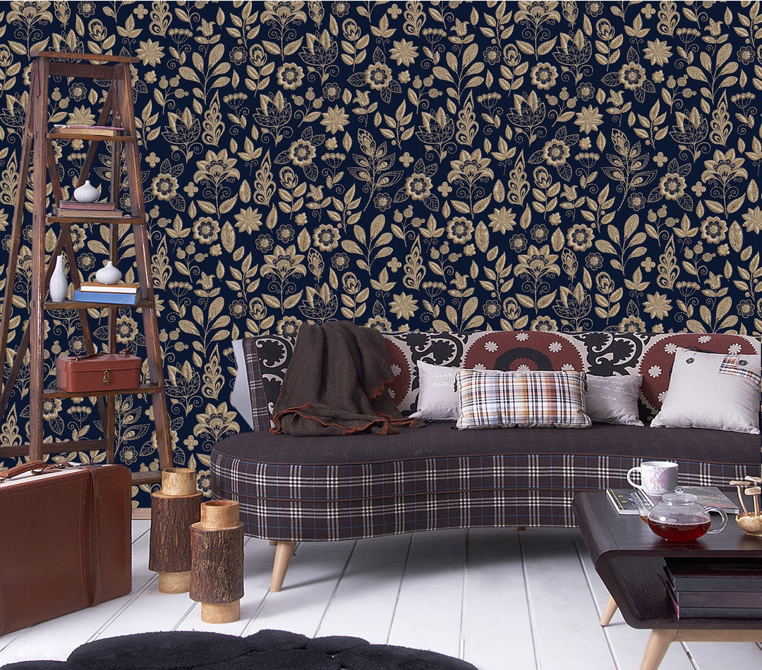 Navy and Yellow Ethnic Floral Pattern Wallpaper | Peel & Stick | Self ...