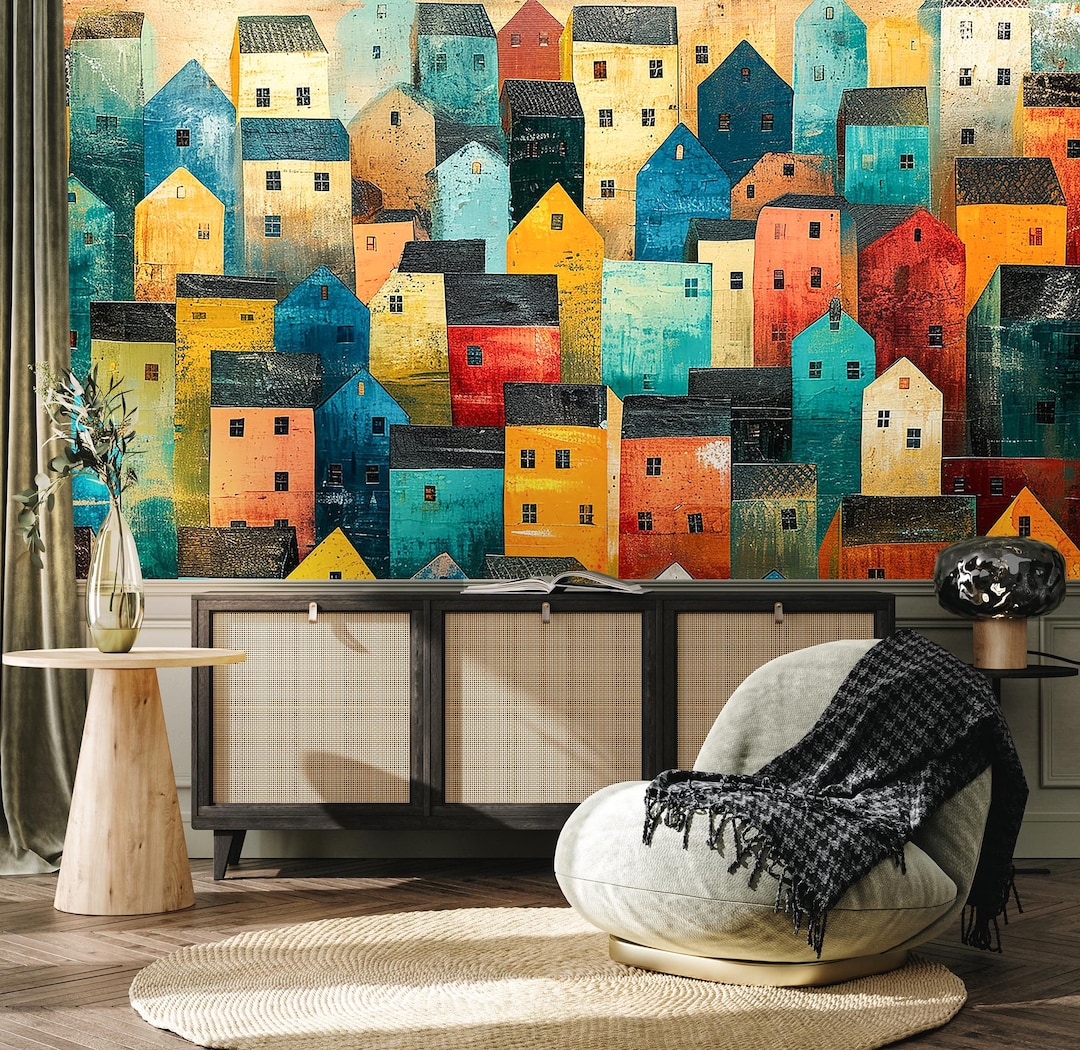Colorful Houses Wallpaper, Abstract Wall Mural, Floral Home Decor [peel ...