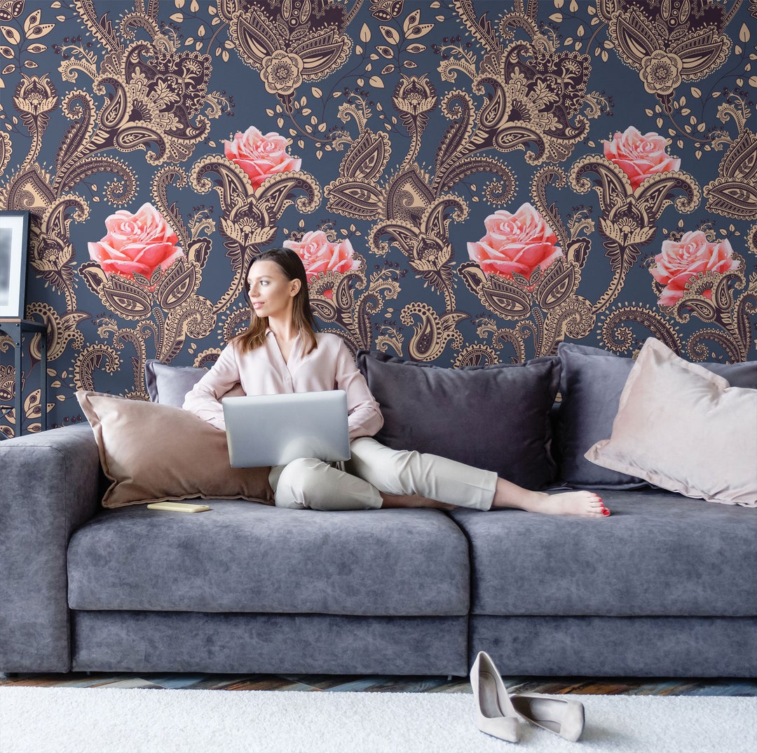 Blue Gray Art Deco Pink Rose Wallpaper, Brown Ethnic Motive Wall Mural ...