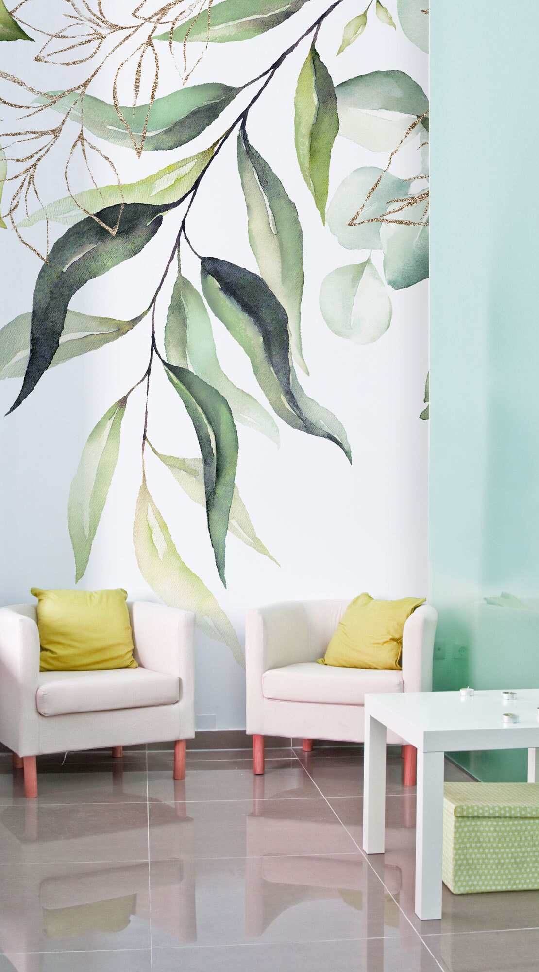 Green Hanging Leaves, Watercolor Botanical Mural | Peel and Stick ...