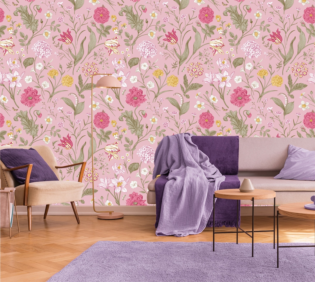 Floral Wallpaper on a Pink Background | Peel & Stick | Self Adhesive ...