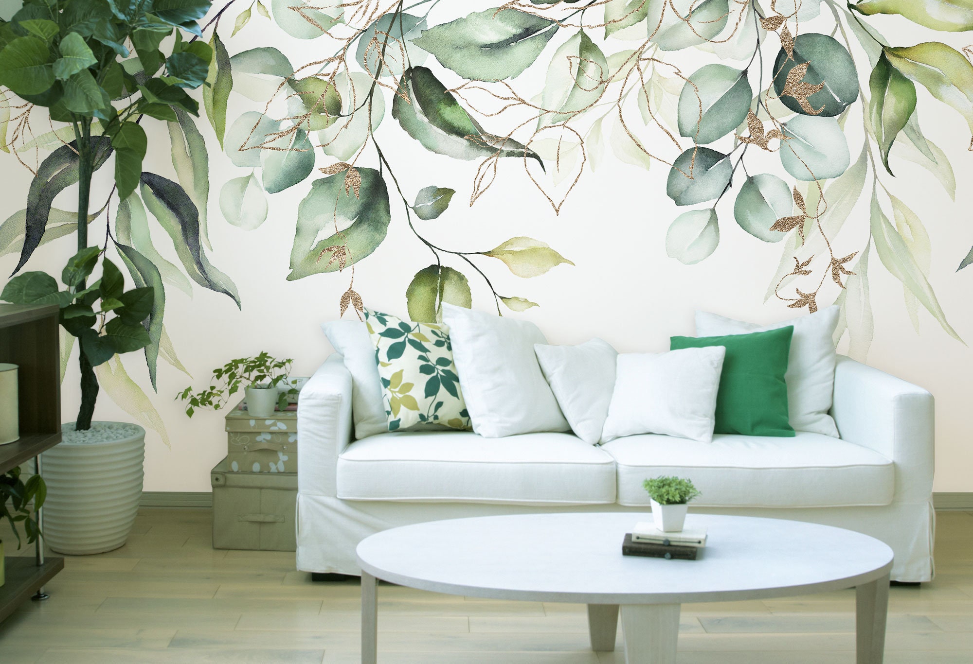Green Hanging Leaves, Watercolor Botanical Mural | Peel and Stick ...