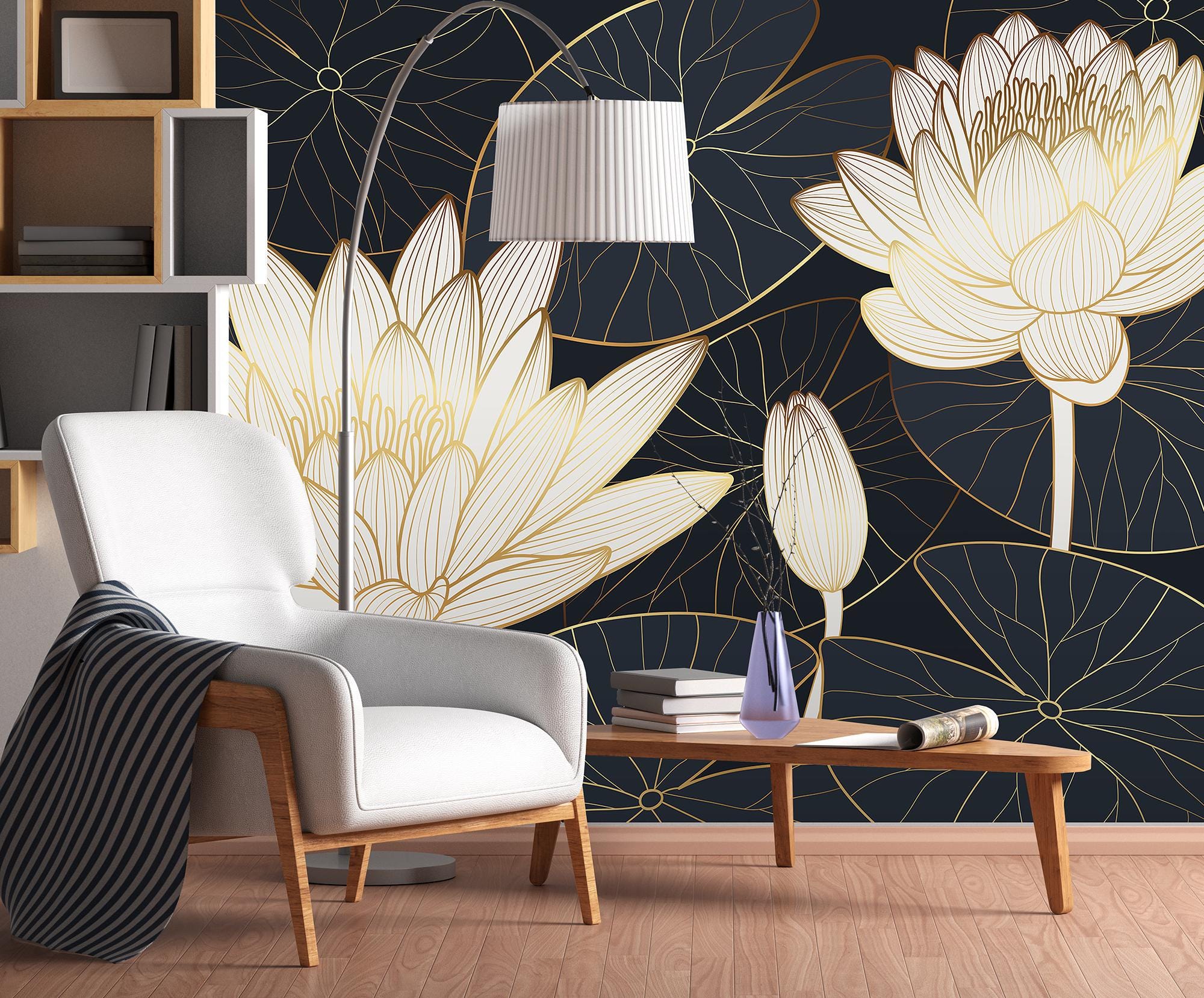 Luxury Lotus Wallpaper, Gold Lotus Line, Arts | Peel & Stick | Self ...
