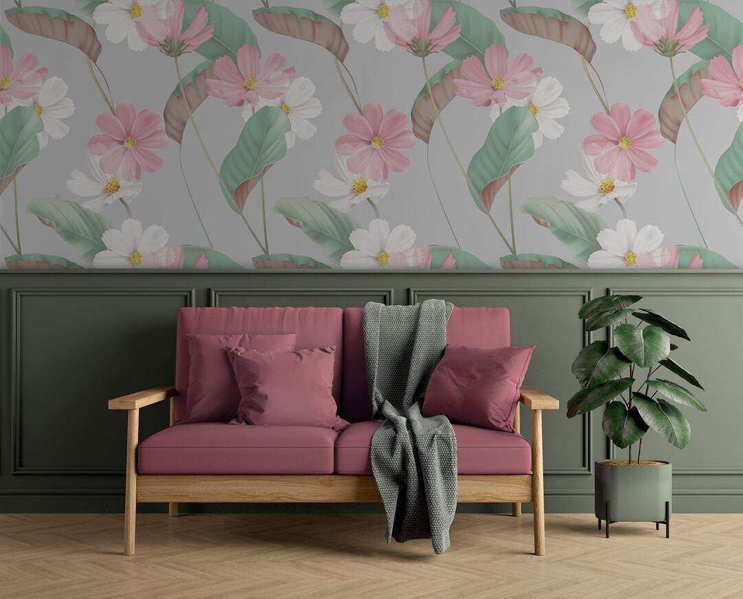 Floral Wallpaper, White and Pink Flowers With Green Leaves, Wall Mural ...
