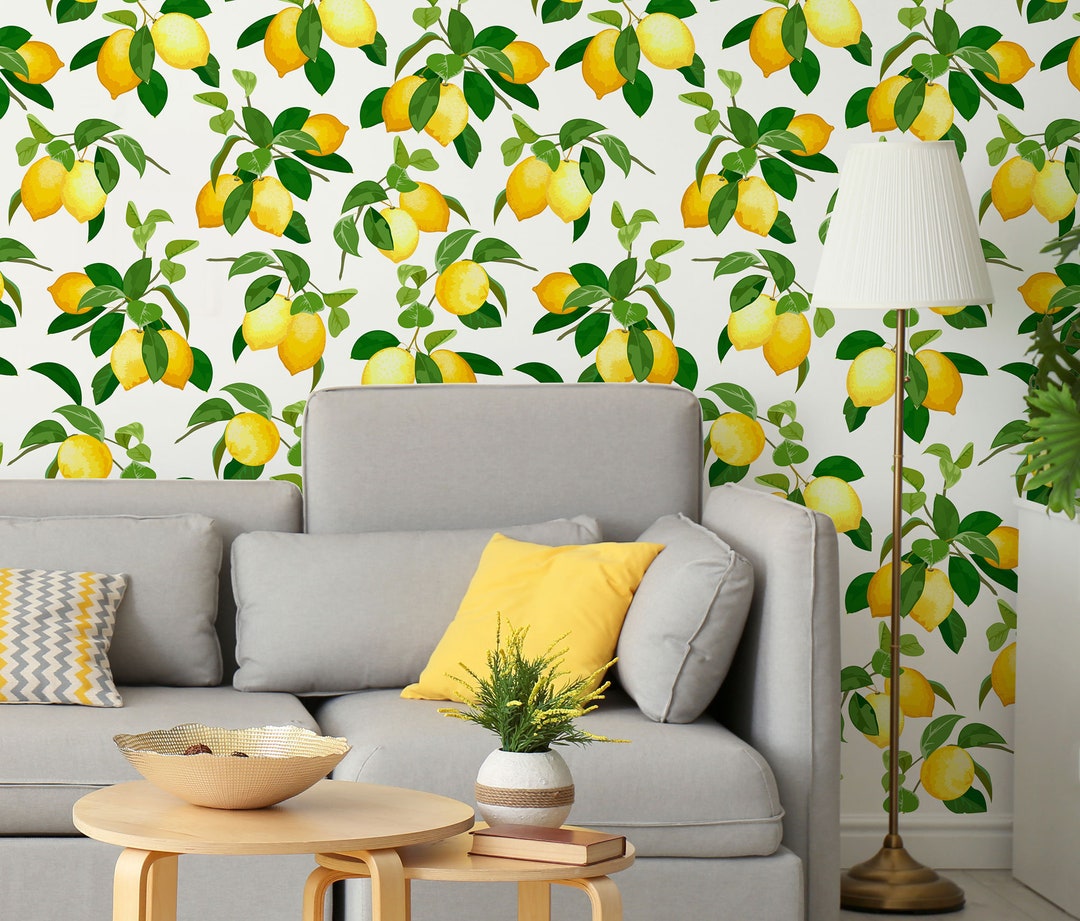 Lemons on the Branches Wallpaper, Green Leaves | Peel and Stick | Self ...