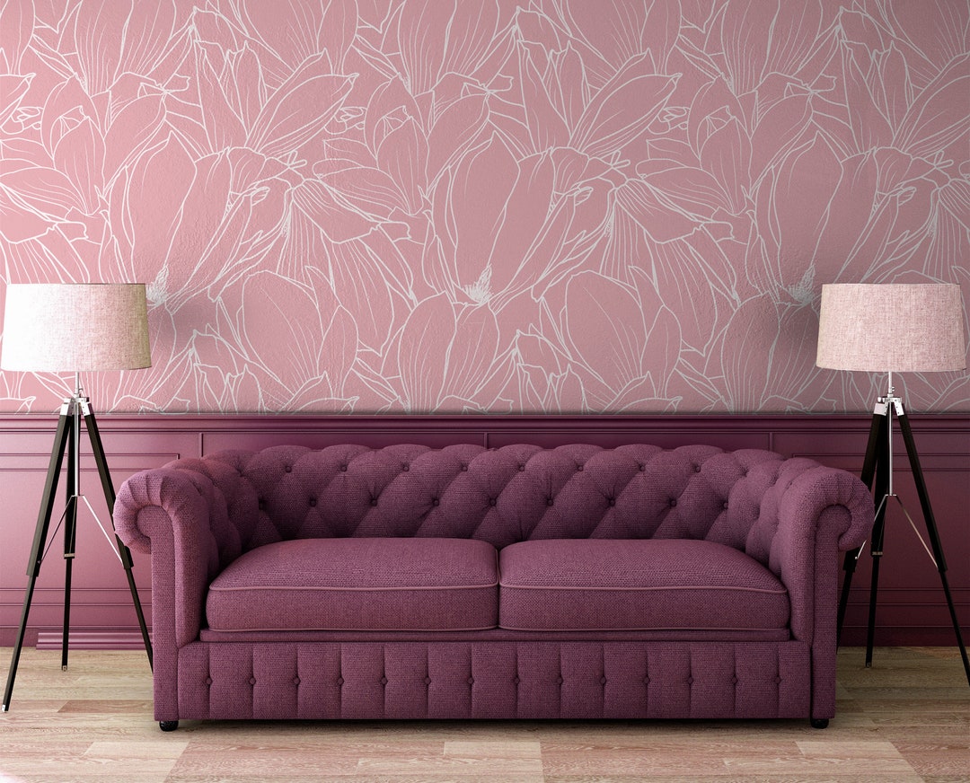 Pink Floral Wallpaper, Floral Line Art, Blossom Wall Mural [peel and ...