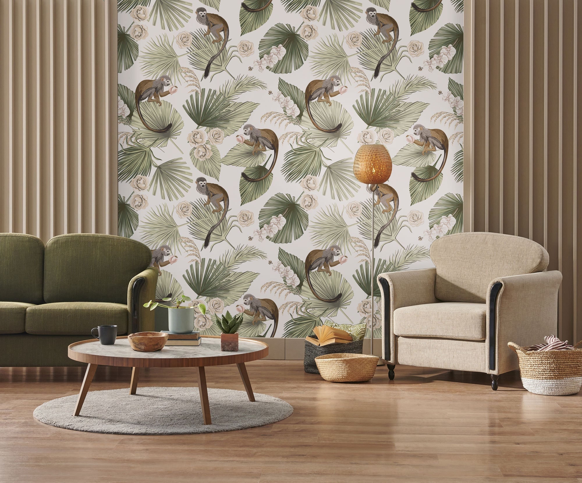 Tropical Exotic Jungle Wallpaper With Animal Monkey Palm - Etsy