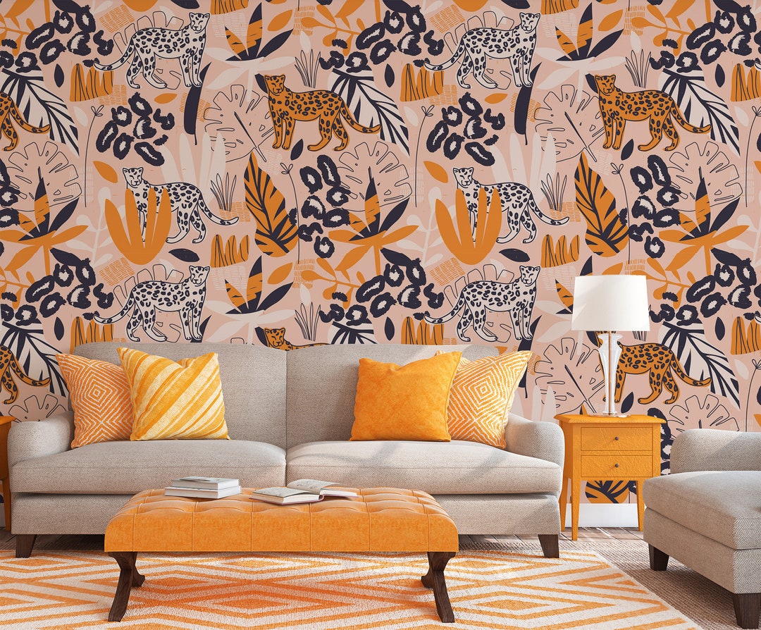 Tropical Abstract Orange Boho Wallpaper With Leopard and Leaf Pattern ...