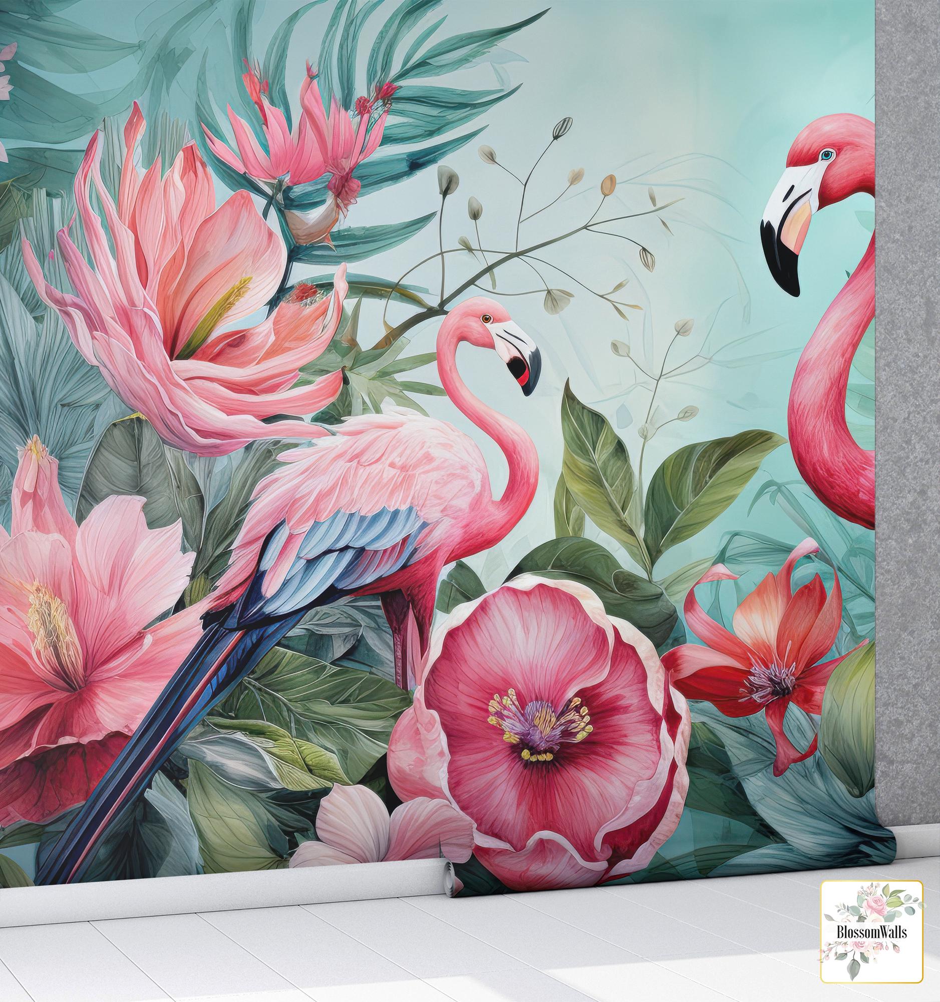 Flamingo Bird Pink & Blue Tropical Boho Floral Wallpaper [peel and ...